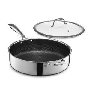 hexclad hybrid nonstick 5.5 qt deep sauté pan and lid, dishwasher and oven-safe, compatible with all cooktops