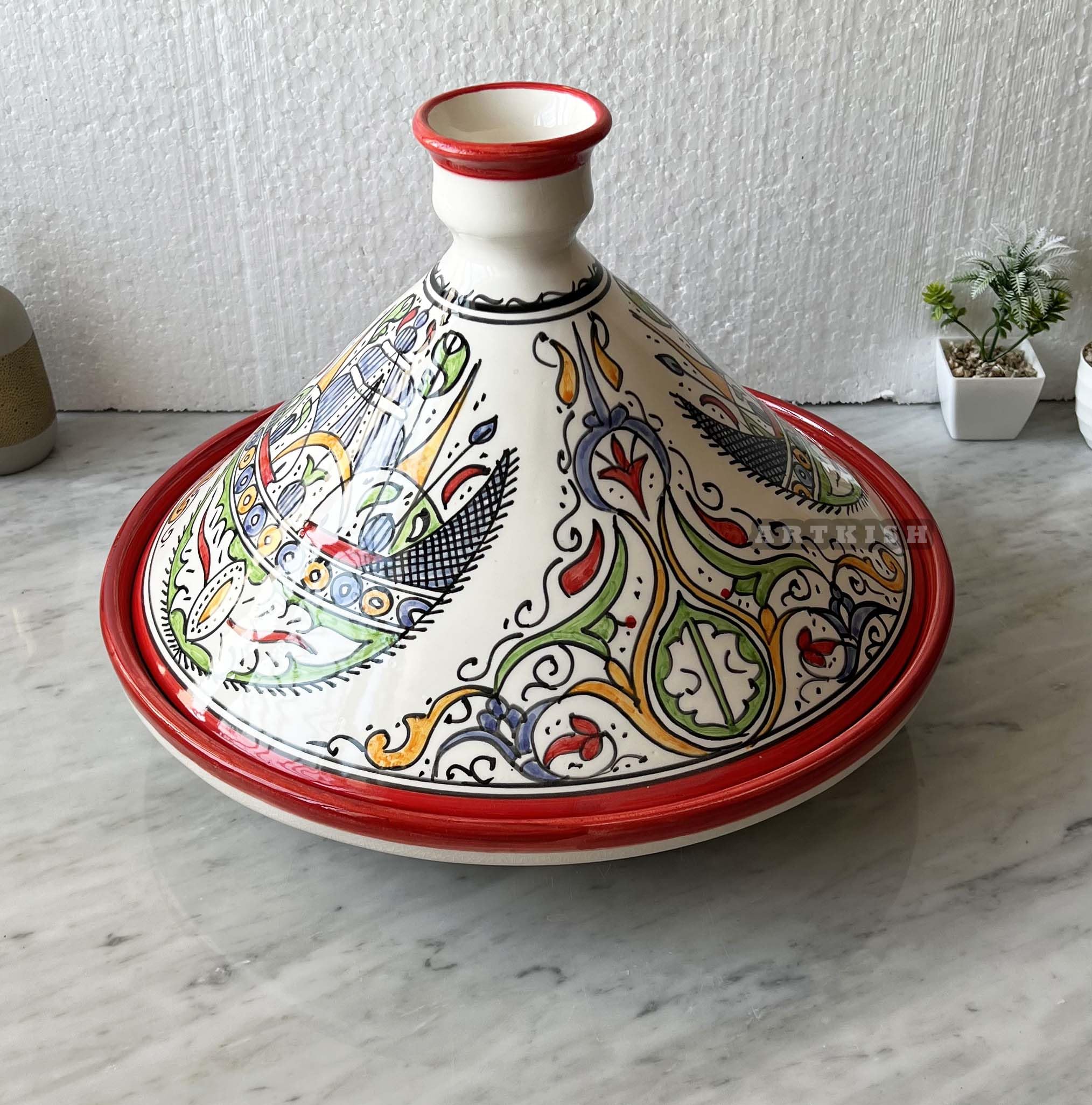 ARTKISH Large Ceramic Tajin Pot for Cooking and Serving Ideal Housewarming Gift - Artisan Moroccan Clay Tagine Pot Slow Cooker, Hand Painted Pottery Cookware. (30cm = 12 inch)