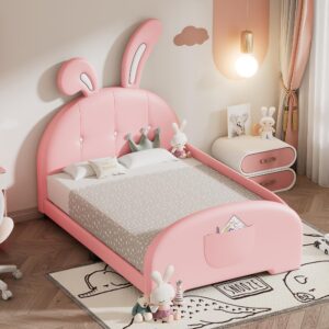 cute twin size upholstered princess bed,platform bed with rabbit-shape headboard and footboard,for kids toddlers boys girls bedroom use (pink@rabbit, twin)