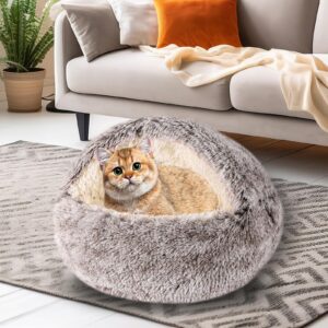 Calming Dog Beds & Cat Cave Bed with Hooded Cover,Washable Round Beds for Small Medium Pets,Anti-Slip Faux Fur Fluffy Coved Bed,Comfortable Warming Pet Bed (24 * 24inch,Khaki)