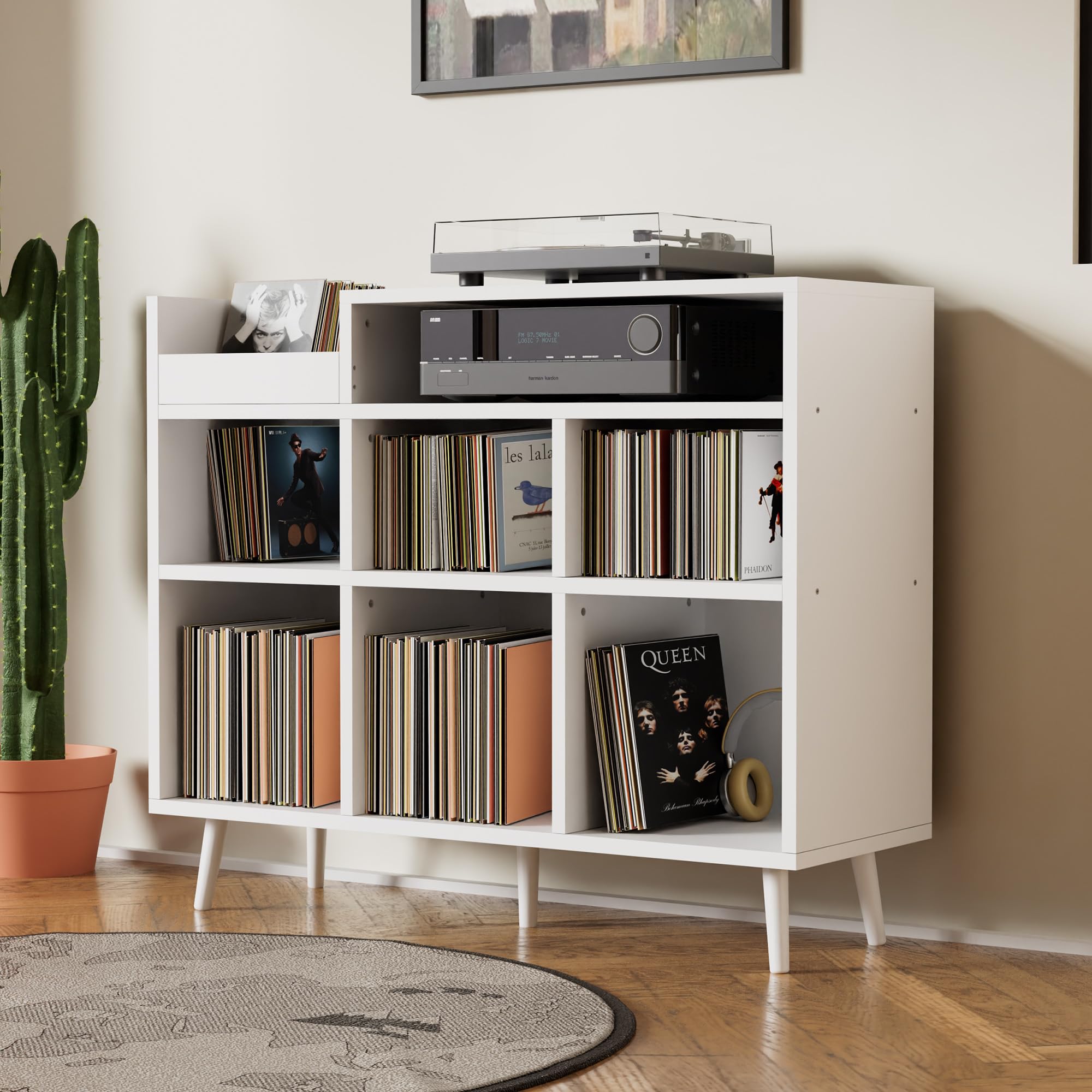 Record Storage Cabinet, Turntable Shelf with Vinyl Storage up to 500 Albums, Vinyl Record Player Shelf with Power Outlet Sideboard Buffet Cabinet with Storage Accent Cabinets for Living Room (White)