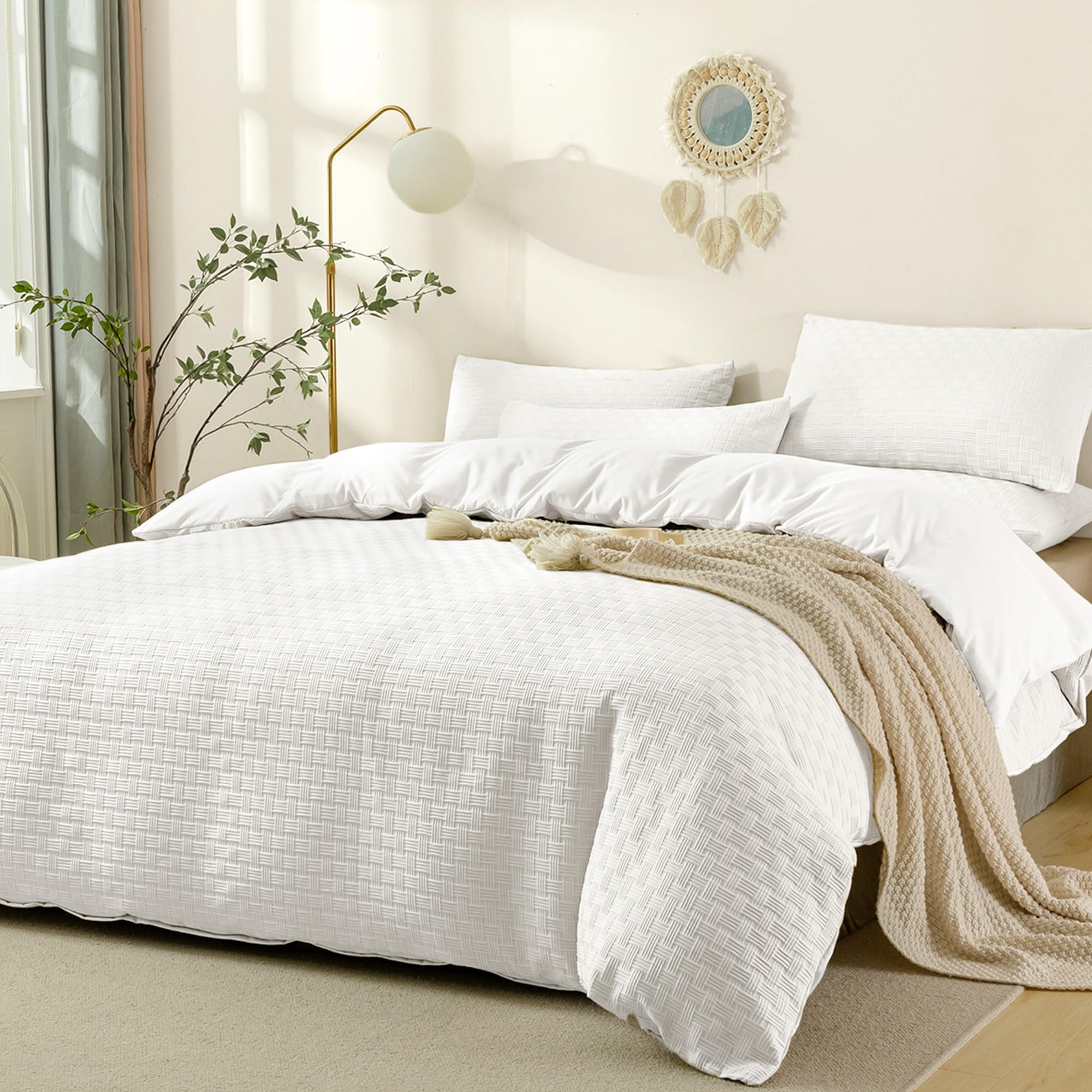 JELLYMONI White Duvet Cover Twin Size - 3 Pieces Soft and Breathable Microfiber Knitted Jacquard Waffle Weave Striped Comforter Cover with 8 Corner Ties & Zipper Closure