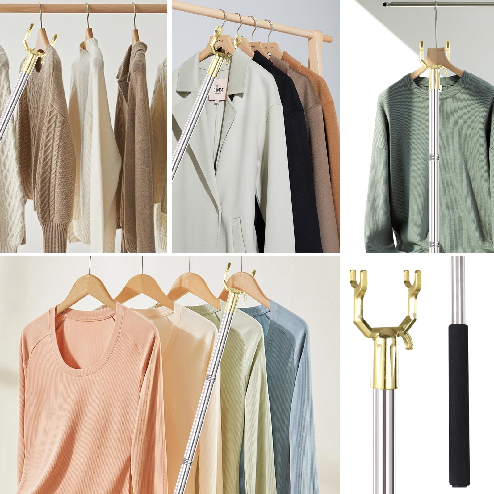 Clothes Hook Pole,Closet Hook Extends from 26 inches to 56 inches,Light Weight and Sturdy,Closet Hook Rod Made of Stainless Steel Adjustable,Foam Handles and U-head Design, High Reach Hanger Hooks