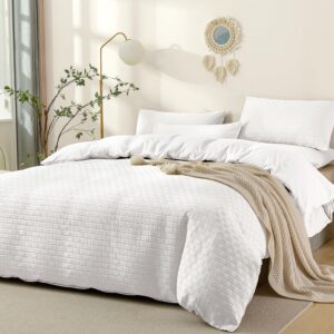 JELLYMONI Bright White Duvet Cover Twin Size - 3 Pieces Soft and Breathable Microfiber Knitted Jacquard Waffle Weave Striped Comforter Cover with 8 Corner Ties & Zipper Closure