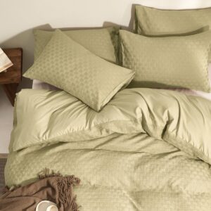 JELLYMONI Beigish Green Duvet Cover Full Size - 3 Pieces Soft and Breathable Microfiber Knitted Jacquard Waffle Weave Striped Comforter Cover with 8 Corner Ties & Zipper Closure