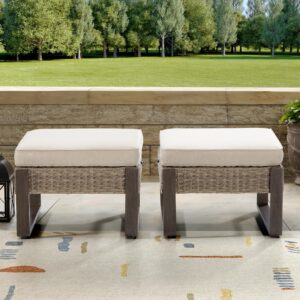 Gardenbee 2 Pieces Outdoor Patio Ottoman, All-Weather PE Rattan Ottomans Footstools with Removable Cushions & Anti-Rust Steel Frame Legs for Garden Backyard Porch Deck, Beige