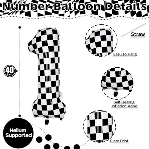 Checkered Number Balloon 1, Large Self Inflating Black and White Number 1 Balloon Decor, 40 Inch Helium Foil 1 Racing Balloons for Girls Boys 1st Birthday Fast Race Car Flag Party Decorations Supplies