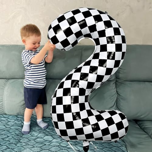 Checkered Number Balloon 1, Large Self Inflating Black and White Number 1 Balloon Decor, 40 Inch Helium Foil 1 Racing Balloons for Girls Boys 1st Birthday Fast Race Car Flag Party Decorations Supplies