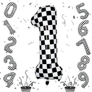 checkered number balloon 1, large self inflating black and white number 1 balloon decor, 40 inch helium foil 1 racing balloons for girls boys 1st birthday fast race car flag party decorations supplies