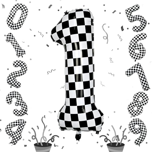 Checkered Number Balloon 1, Large Self Inflating Black and White Number 1 Balloon Decor, 40 Inch Helium Foil 1 Racing Balloons for Girls Boys 1st Birthday Fast Race Car Flag Party Decorations Supplies