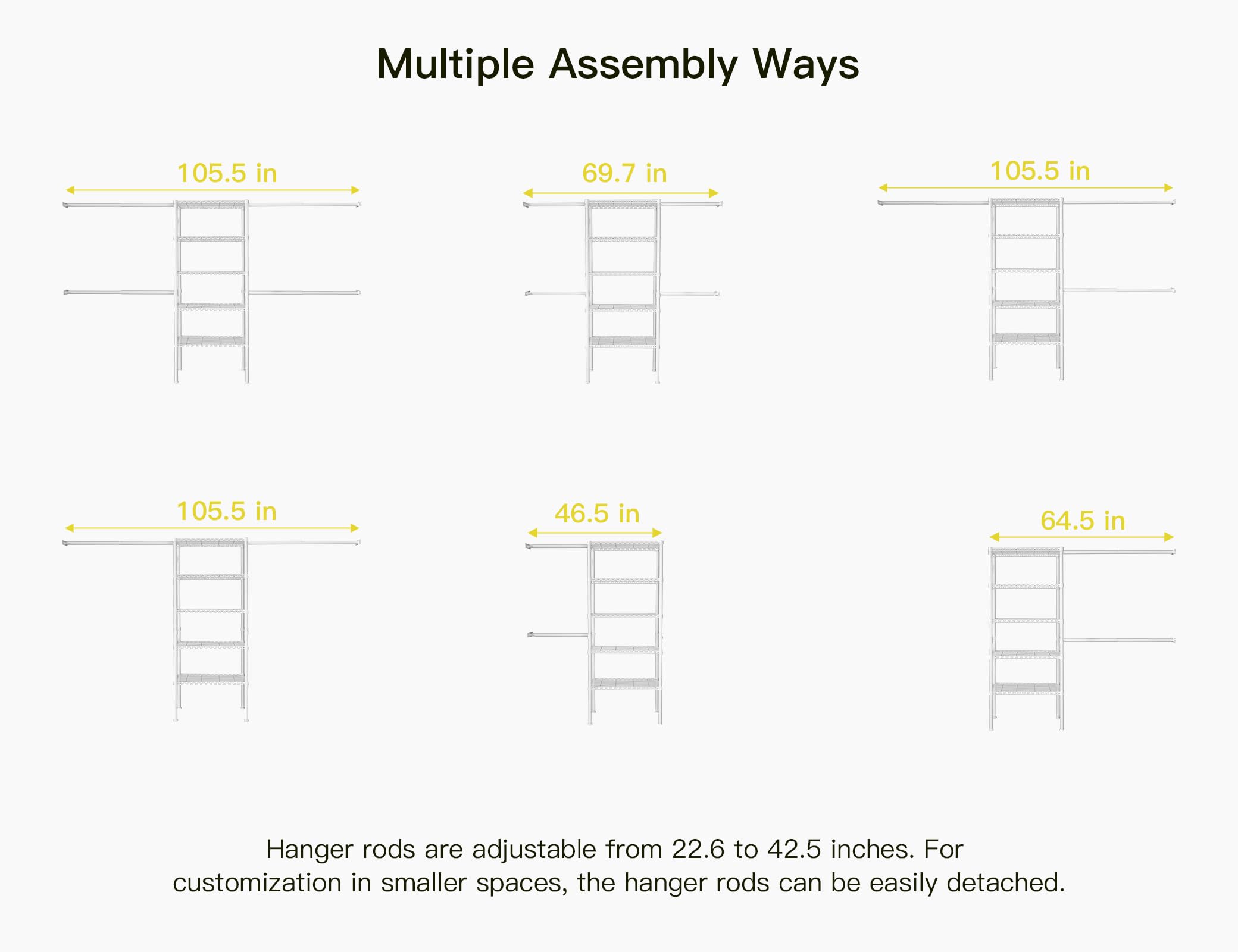 Ulif M2 Closet Organizer System, 5.9 Feet Height Mounted to the Wall Garment Rack with 4 Expandable Hanger Rods, 5 Shelves in 23.6" L x 14.5" W, Suit Total Space from 5.8-8.8 ft, White