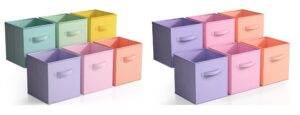 sorbus 11 inch cube storage bins bundle - set of 6 pastel rainbow bins & set of 6 purple, pink, and orange bins (12 storage bins total)