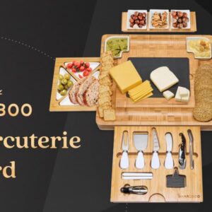 Bamboo Charcuterie Board Set of 26 Pcs - 16×13×2 Inches 4 Drawer Bamboo Board Set with Fruit Tray, Ceramic Dipping Bowls, Cutting Tools, Wine Opener, Cheese Platter Accessories (End-Grain)