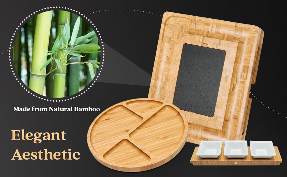 Bamboo Charcuterie Board Set of 26 Pcs - 16×13×2 Inches 4 Drawer Bamboo Board Set with Fruit Tray, Ceramic Dipping Bowls, Cutting Tools, Wine Opener, Cheese Platter Accessories (End-Grain)