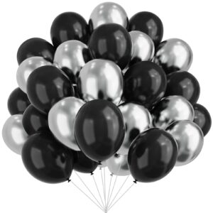 black and silver balloons, 67pcs 12 inch metallic chrome silver and black balloons for birthday, baby shower, wedding, and engagement party decoration