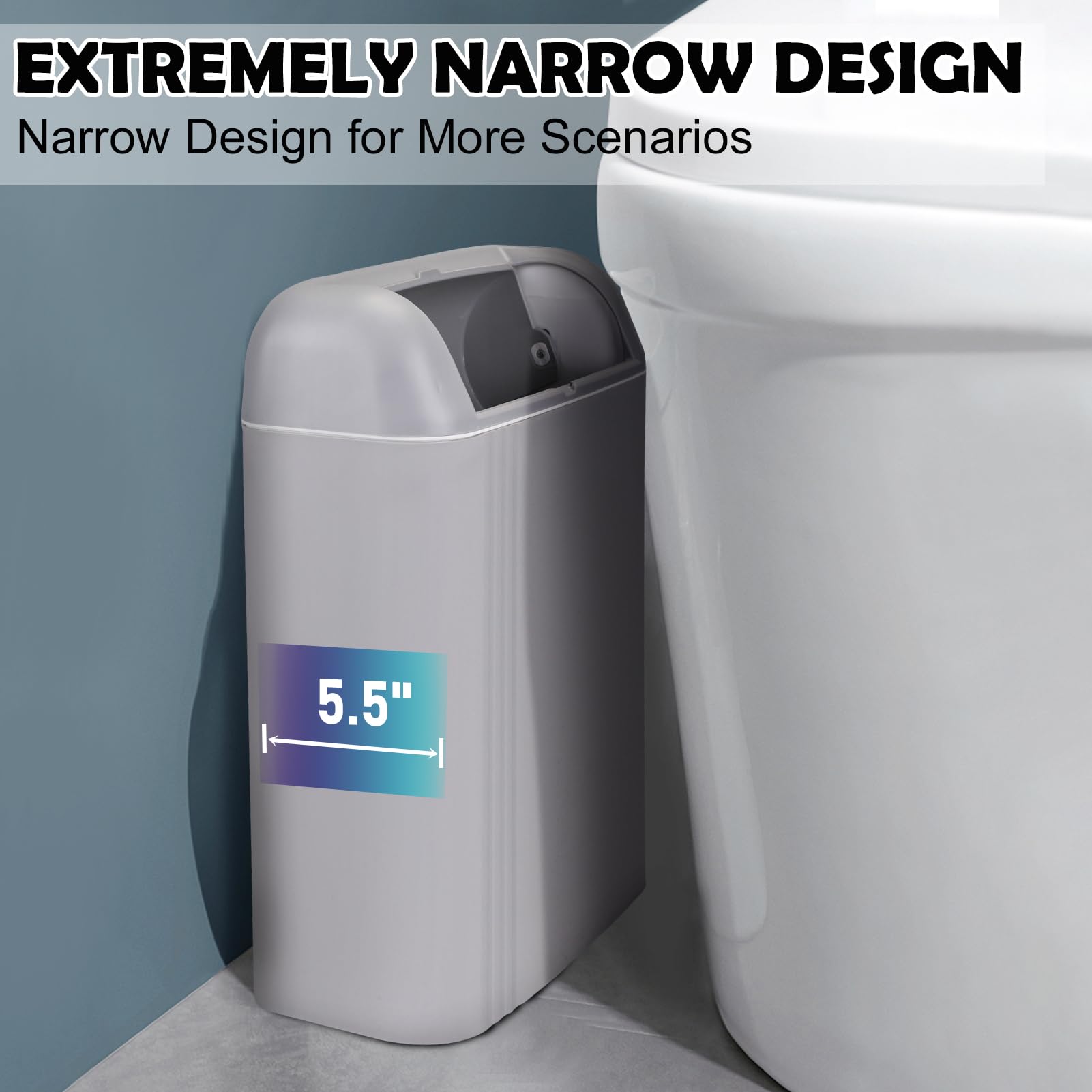 XIAPIA Automatic Motion Sensor Bathroom Trash Can with Lid, 4 Gallon Smart Garbage Can, Narrow Trash Bin with Touchless Lid for Toilet, Bedroom, Kitchen, Office, RV (Grey - 2 Pack)