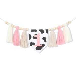 holy cow 1st tassels banner birthday decorations girl - first highchair tassels banner, high chair tassels wood beads garland party supplies, pink black white, photo props, handmade