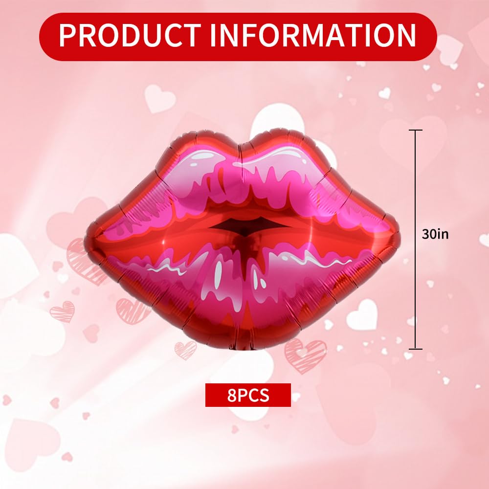 TONIFUL 8Pcs 30 Inch Red Lip Balloons Large Kiss Lips Foil Balloons for Valentine's Day Galentines Day Special Night Wedding Bridal Shower Anniversary Engagement Party Decorations