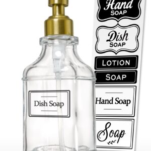 JASAI Antique Square Glass Soap Dispenser with Golden Rust Proof Pump, Refillable Soap Dispenser with 10Pcs Stickers for Kitchen, Dish Soap Dispenser for Kitchen Bathroom Soap, Hand soap, Lotion.