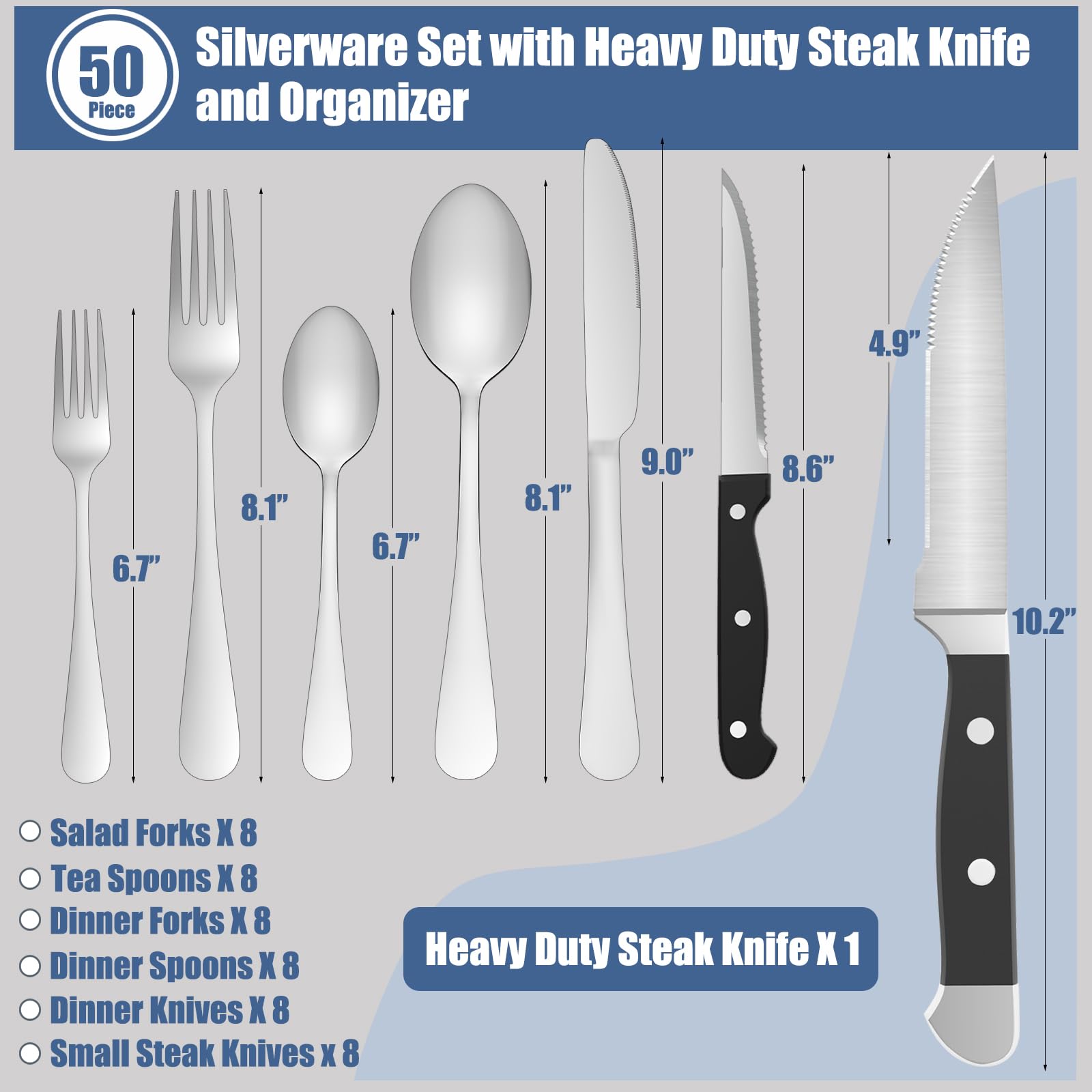 50-Piece Forks and Spoons Silverware Set with Heavy Duty Steak Knife and Organizer, Stainless Steel Flatware Cutlery Set Service for 8, Mirror Polished Kitchen Utensils Set