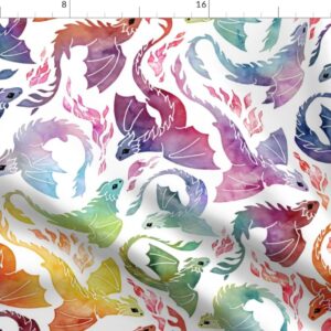 Spoonflower Fabric - Dragon Fire Rainbow Cute Fantasy Watercolor Fairy Tale Flying Printed on Polartec(R) Fleece Fabric Fat Quarter - Sewing Blankets Loungewear and No-Sew Projects