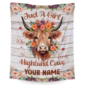 personalized highland cow blanket -60x80 inches twin size throw blanket for girls - soft fuzzy blankets for couch, living room & office - white cute cozy blankets gift