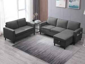 ijuicy 2pcs sectional sofa set,3 seat couch & loveseat sofa with side pockets & movable storage ottoman, modern convertible upholstered couches for living room,office (3+2seat/dark grey)