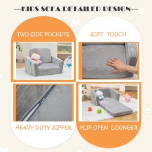 Baby Toddler Couch Sofa Chair Kids Foldable 2-in-1 Toddler Fold Out Couch Bed for Playroom, Pull Out Children Convertible Sofa Chair to Lounger Sleeper for Boys & Girls with Double Pockets, Dark Grey