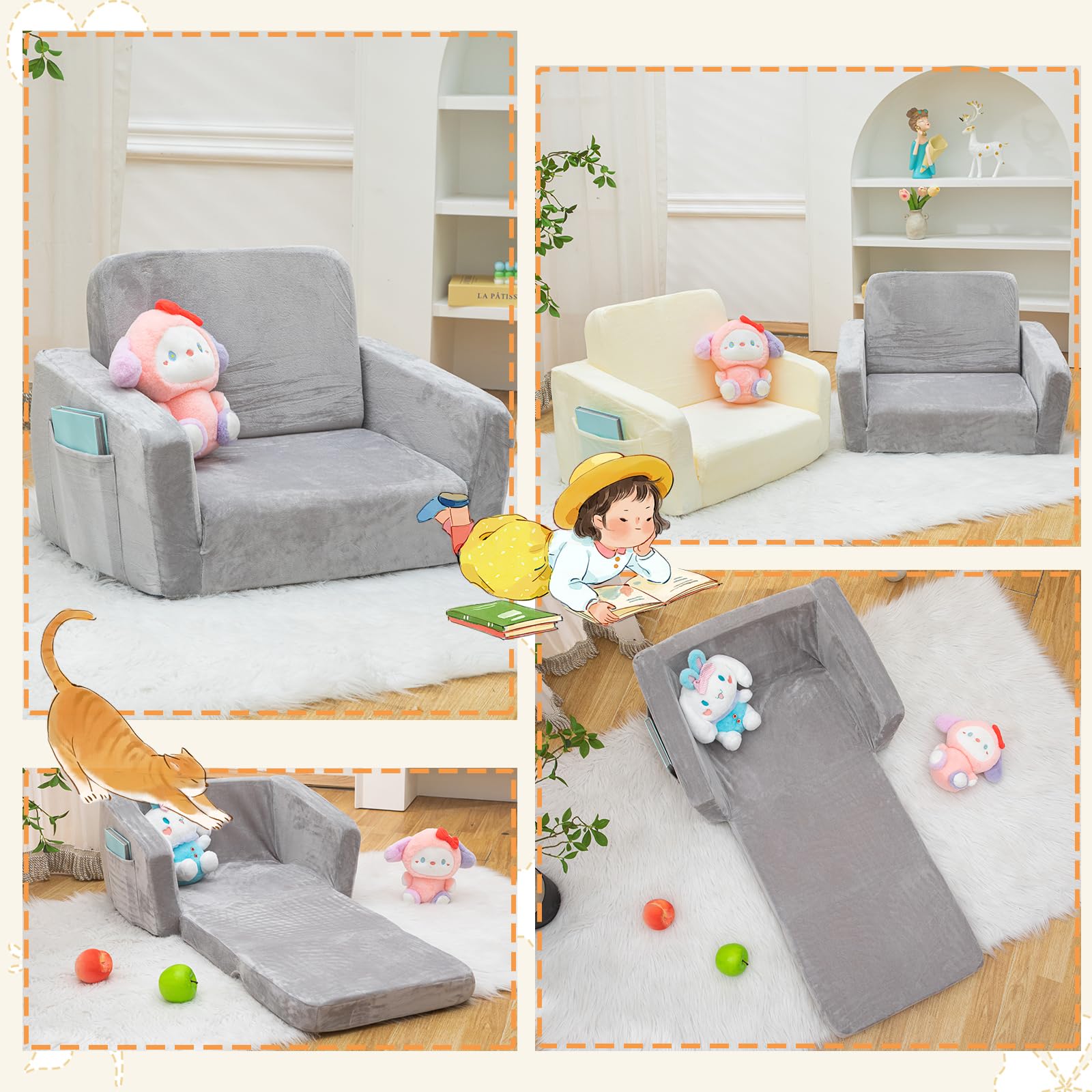 Baby Toddler Couch Sofa Chair Kids Foldable 2-in-1 Toddler Fold Out Couch Bed for Playroom, Pull Out Children Convertible Sofa Chair to Lounger Sleeper for Boys & Girls with Double Pockets, Dark Grey