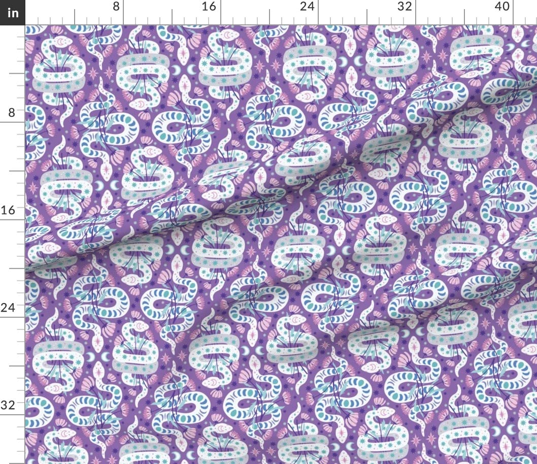 Spoonflower Fabric - Flowers Snakes Stars Floral Purple Damask Reptile Printed on Petal Signature Cotton Fabric Fat Quarter - Sewing Quilting Apparel Crafts Decor