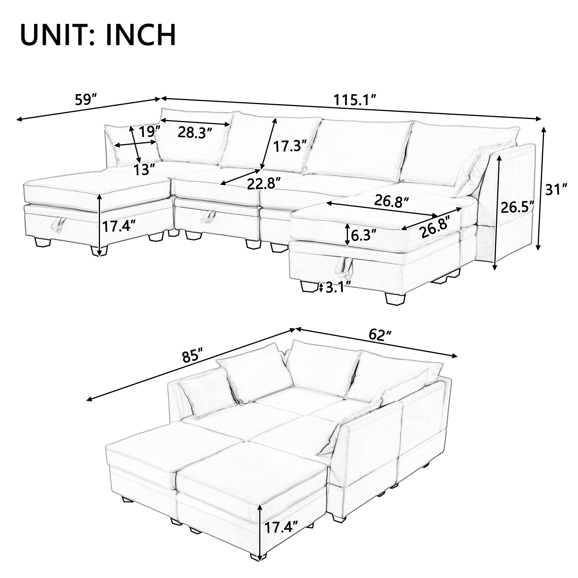 P PURLOVE Modern Large Sectional Sofa, U-Shape Modular Sectional Sofa with Storage Function and 2 Pillows, Convertible Sofa Bed with Reversible Chaise for Living Room, Beige