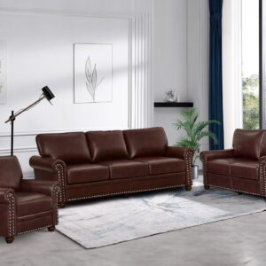 3 Piece Faux Leather Sofa Set,Mid Century Modern Couch and Loveseat Sets with Storage,Comfy Deep Seat Sofa with Nailhead Trim & Rolled Arm for Living Room,Office(Armchair+Loveseat+3 Seater,Burgundy)