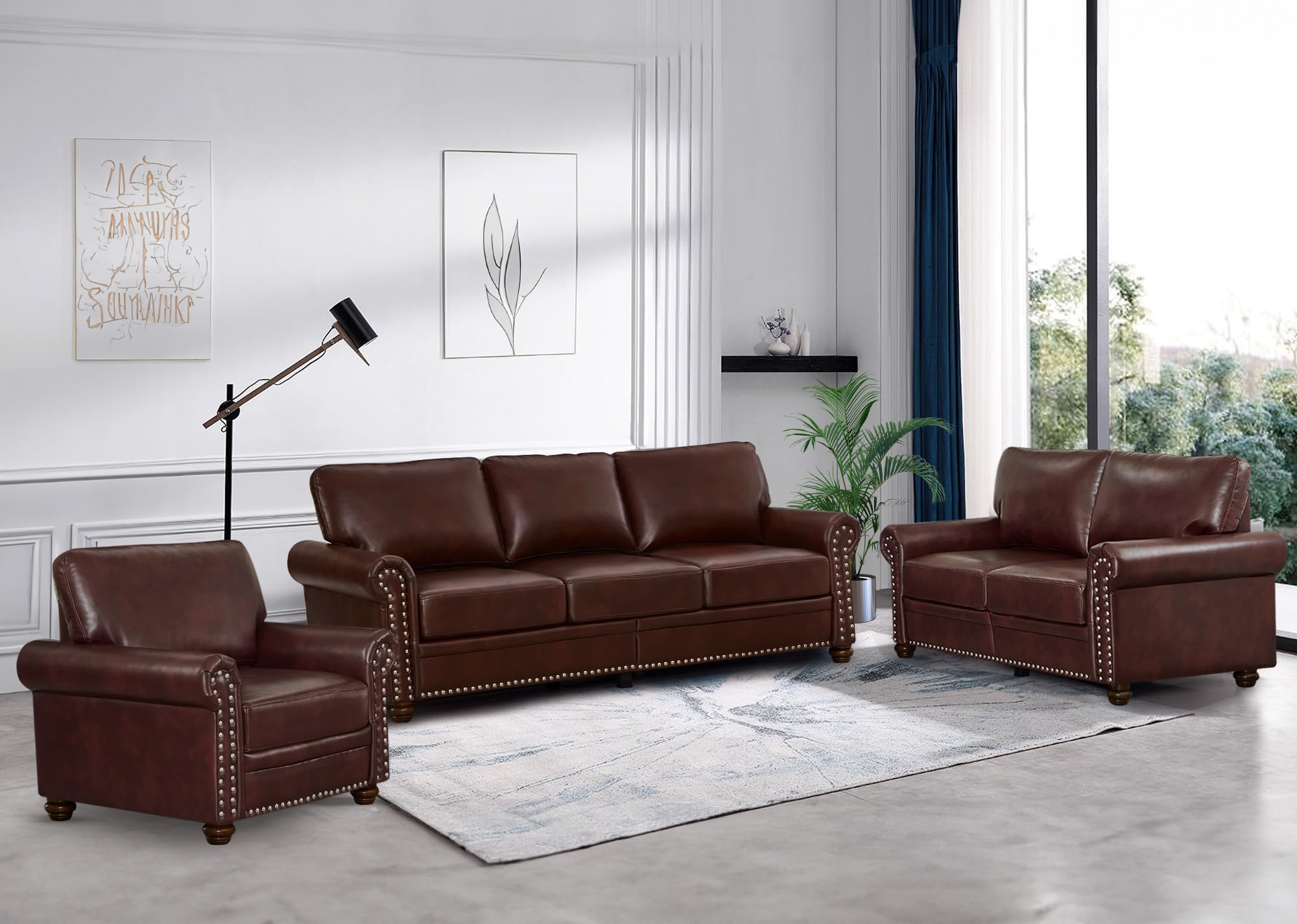 3 Piece Faux Leather Sofa Set,Mid Century Modern Couch and Loveseat Sets with Storage,Comfy Deep Seat Sofa with Nailhead Trim & Rolled Arm for Living Room,Office(Armchair+Loveseat+3 Seater,Burgundy)