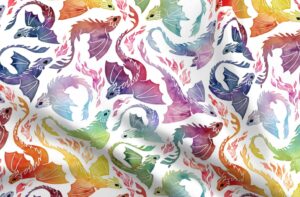 spoonflower fabric - dragon fire rainbow cute fantasy watercolor fairy tale flying printed on polartec(r) fleece fabric fat quarter - sewing blankets loungewear and no-sew projects