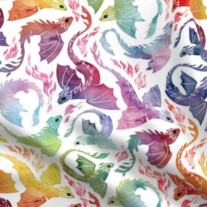 Spoonflower Fabric - Dragon Fire Rainbow Cute Fantasy Watercolor Fairy Tale Flying Printed on Polartec(R) Fleece Fabric Fat Quarter - Sewing Blankets Loungewear and No-Sew Projects