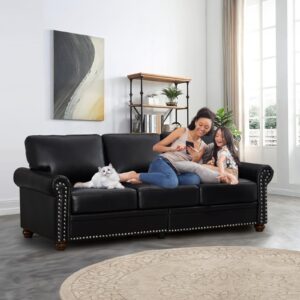 JEEOHEY Faux Leather Sofa Couch,82" Mid Century Modern Couch with Storage Place,Oversized 3 Seater Sofa with Nailhead Trim&Rolled Arm,Deep Seat Comfy Couch for Living Room,Apartment,Office(Black)