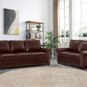 2 Piece Faux Leather Sofa Set,Modern Couch and Loveseat Sets with Storage,Mid Century Couch with Rivet Rolled Arm,Comfy Deep Seat Couch,Furniture for Living Room,Office(Loveseat+3 Seater,Burgundy)