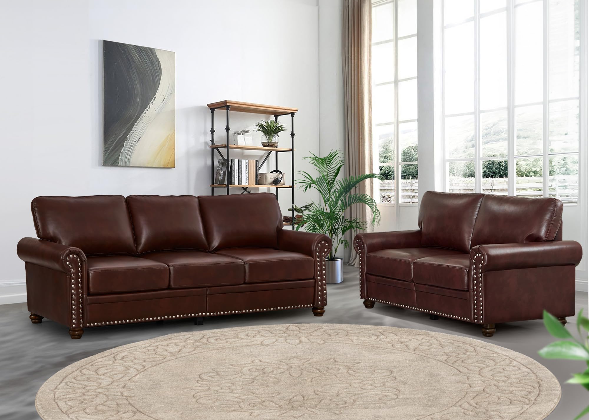 2 Piece Faux Leather Sofa Set,Modern Couch and Loveseat Sets with Storage,Mid Century Couch with Rivet Rolled Arm,Comfy Deep Seat Couch,Furniture for Living Room,Office(Loveseat+3 Seater,Burgundy)