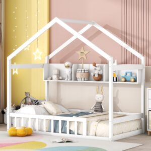 harper & bright designs twin size house bed with storage shelf, montessori floor bed with fence and roof, wooden twin bed frame for kids, white