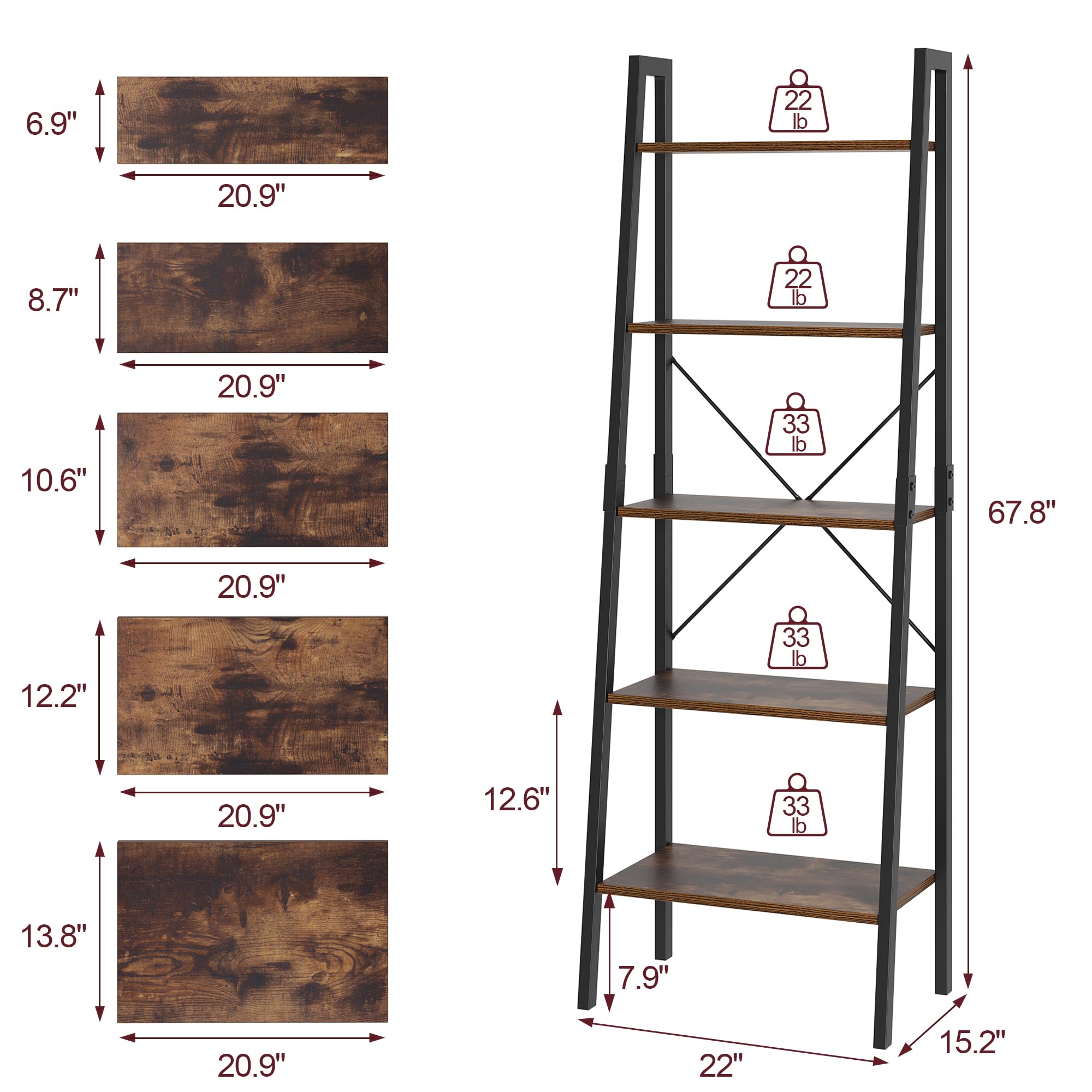 FINETONES 5-Tier Ladder Shelf, Ladder Bookshelf Bookcase with Metal Frame, Plant Rack Display Shelf Accent Furniture for Home Office, Black/Rustic Brown