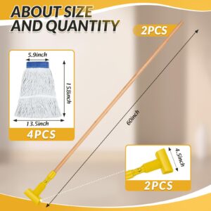 Suzile 6 Pcs Commercial Wooden Mop Industrial Cotton Mop Heads Replacement Wet Floor Cleaning Mop Include 2 Pcs 60" Long Mop Handle with Jaw Clamp 4 Pcs Interchangeable Mop Head for Home Office