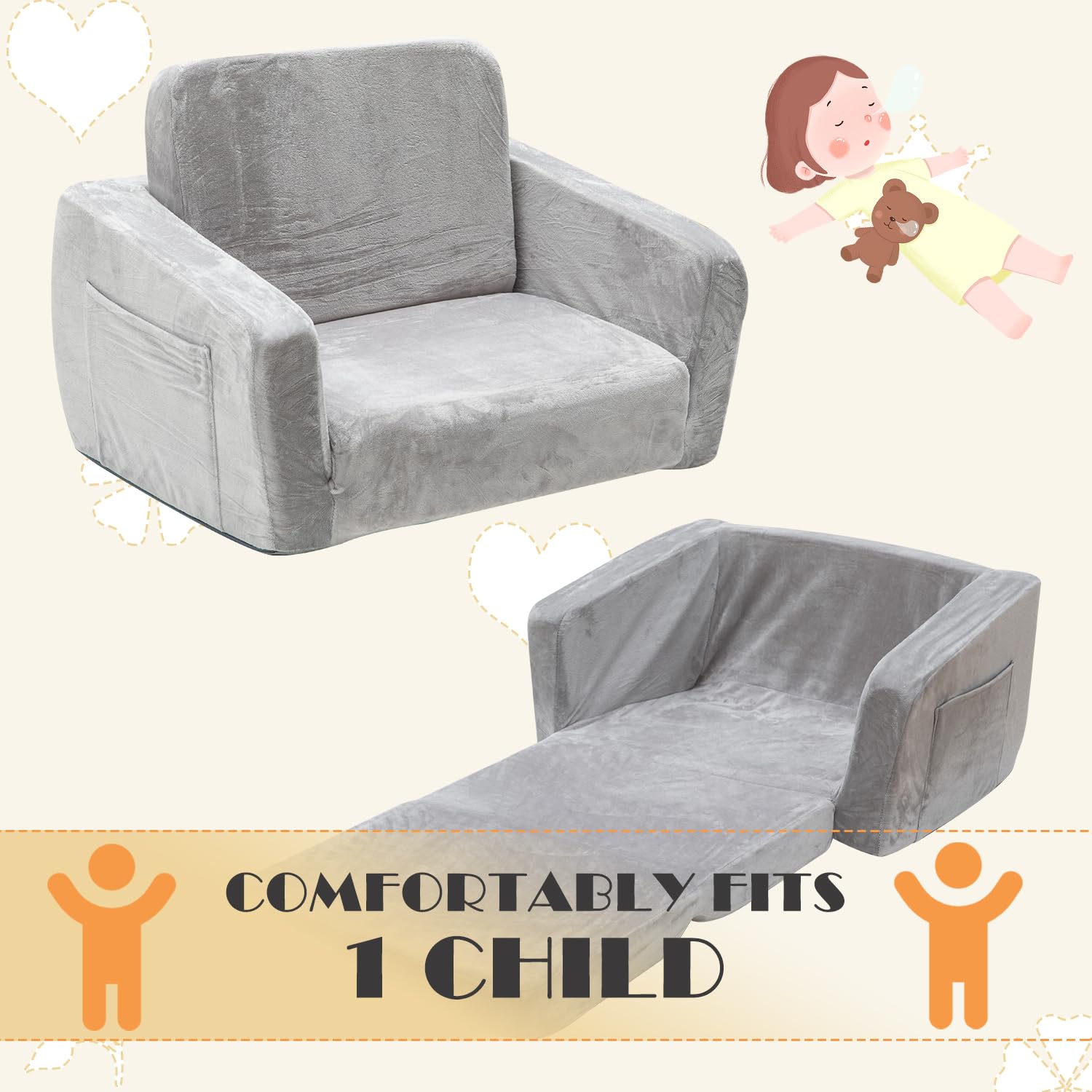 Baby Toddler Couch Sofa Chair Kids Foldable 2-in-1 Toddler Fold Out Couch Bed for Playroom, Pull Out Children Convertible Sofa Chair to Lounger Sleeper for Boys & Girls with Double Pockets, Dark Grey