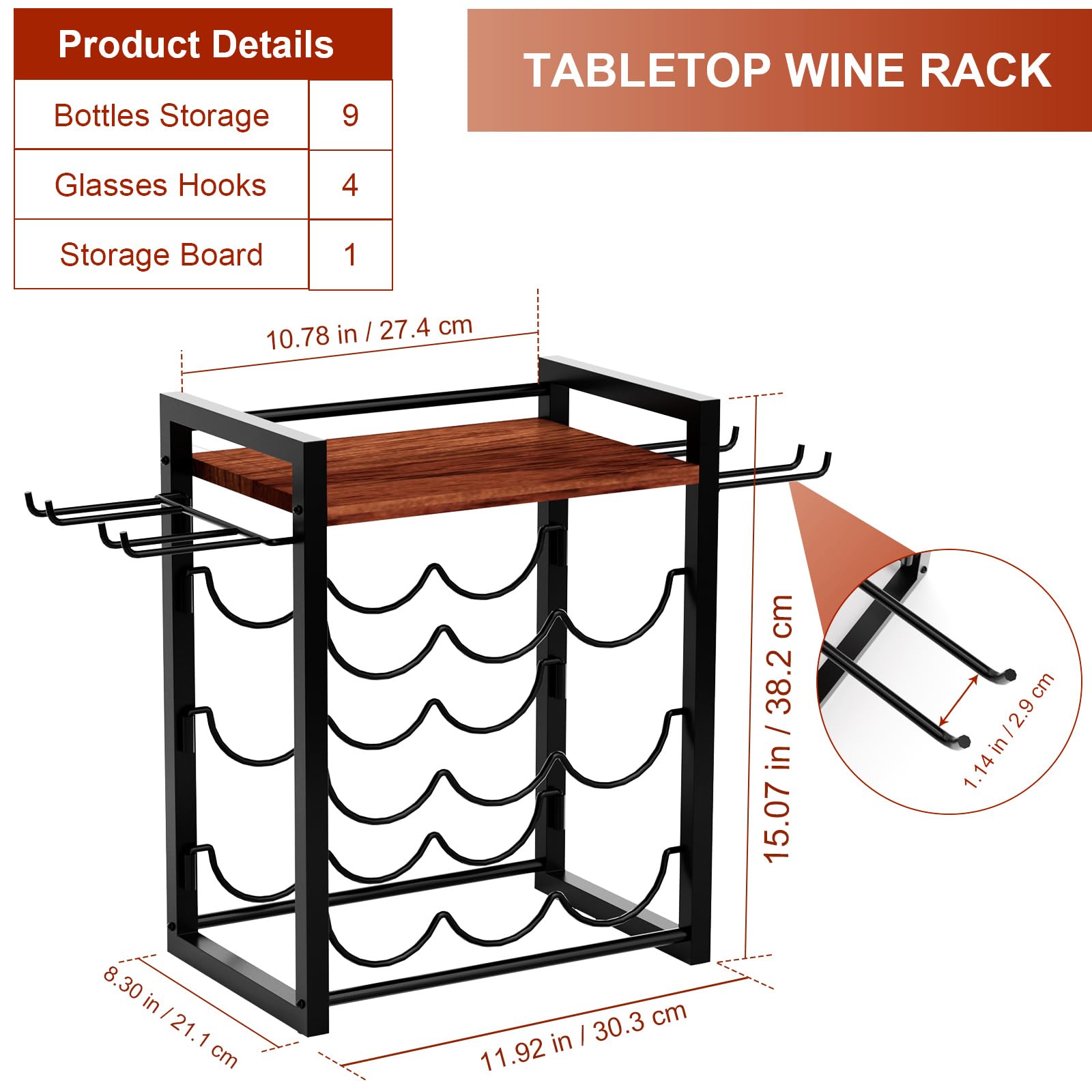 NANAGIFTREE Wine Rack Countertop, Wooden Wine Stand with Tray, Holds 9 Wine Bottles and 4 Glasses, Freestanding Wine Rack for Home, Kitchen, Bar, Wine Cellar