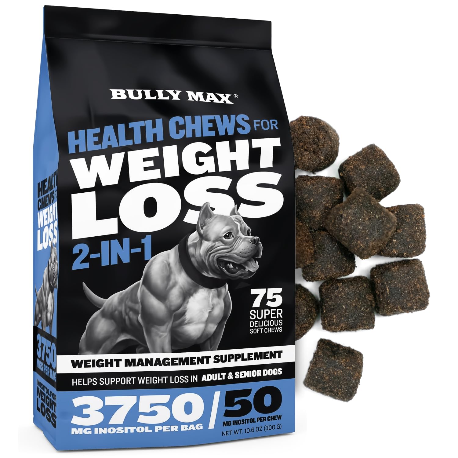 Bully Max 2-in-1 Dog Weight Management Supplement Chews for Adult & Senior Dogs - Dog Food Supplements for Immunity, Joint Health & Weight Control - Dog Treats for Small & Large Breeds - 75 Soft Chews