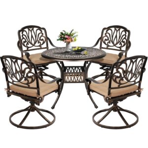 usserenay 5-piece outdoor dining set cast aluminum patio furniture set all-weather 4 chairs and dining table with umbrella hole for garden, backyard (swivel rocker+khaki cushion, roundtable)