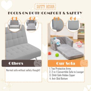 Baby Toddler Couch Sofa Chair Kids Foldable 2-in-1 Toddler Fold Out Couch Bed for Playroom, Pull Out Children Convertible Sofa Chair to Lounger Sleeper for Boys & Girls with Double Pockets, Dark Grey