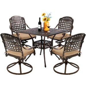 usserenay 5-piece outdoor dining set cast aluminum patio furniture set all-weather 4 chairs and dining table with umbrella hole for garden, backyard (braided+khaki cushion, square table)