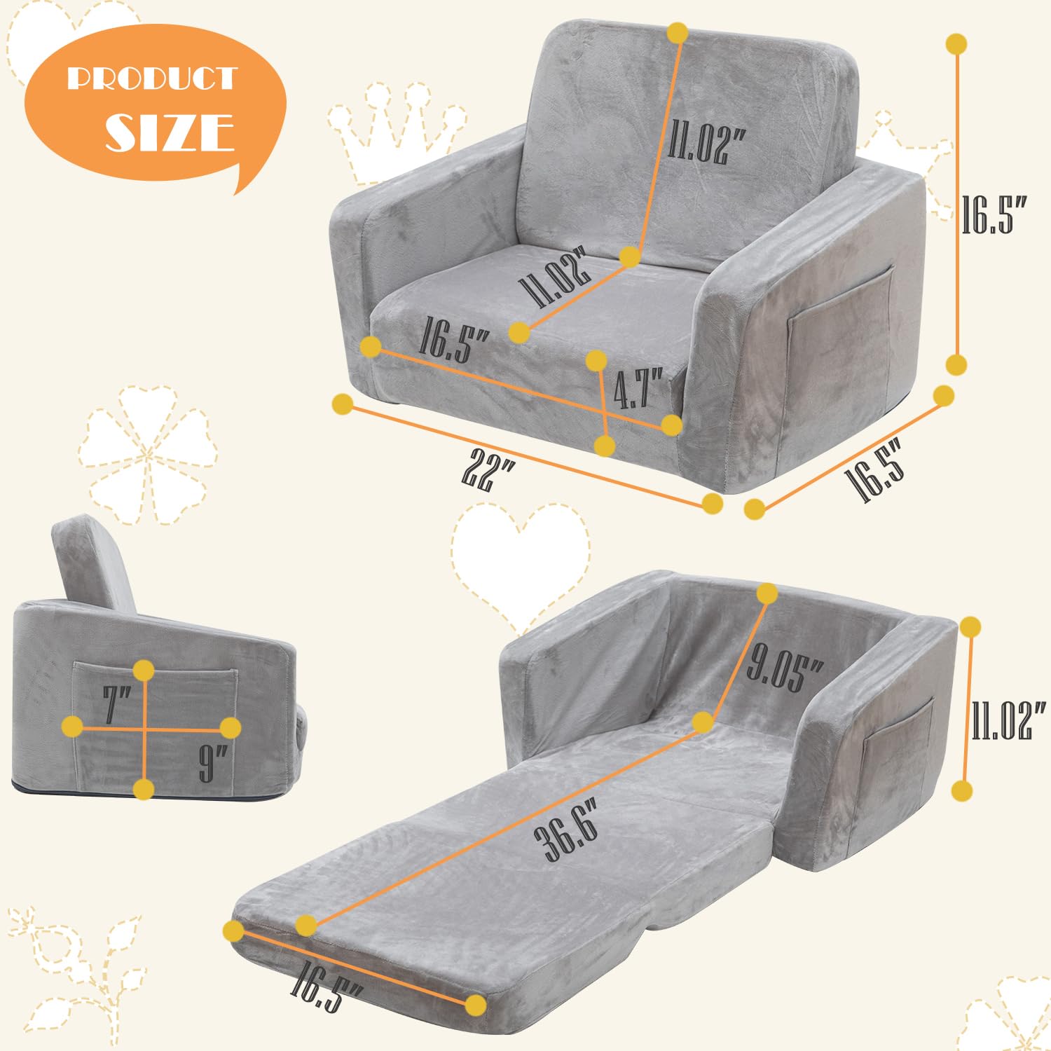 Baby Toddler Couch Sofa Chair Kids Foldable 2-in-1 Toddler Fold Out Couch Bed for Playroom, Pull Out Children Convertible Sofa Chair to Lounger Sleeper for Boys & Girls with Double Pockets, Dark Grey