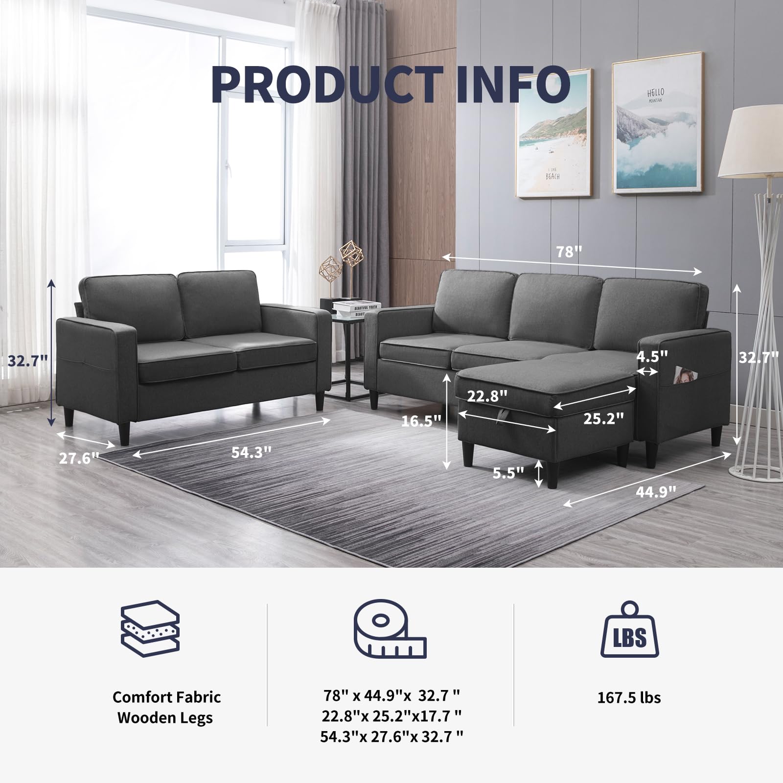 ijuicy 2PCS Sectional Sofa Set,3 Seat Couch & Loveseat Sofa with Side Pockets & Movable Storage Ottoman, Modern Convertible Upholstered Couches for Living Room,Office (3+2Seat/Dark Grey)