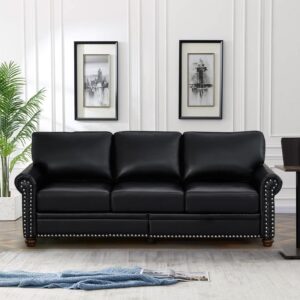 JEEOHEY Faux Leather Sofa Couch,82" Mid Century Modern Couch with Storage Place,Oversized 3 Seater Sofa with Nailhead Trim&Rolled Arm,Deep Seat Comfy Couch for Living Room,Apartment,Office(Black)